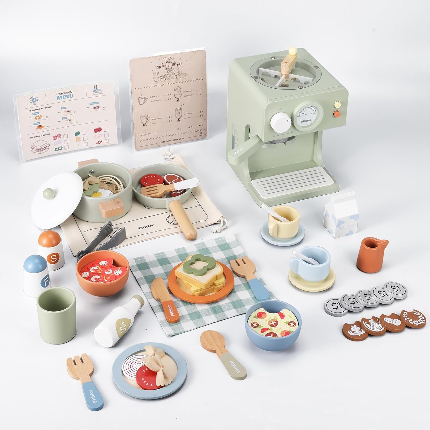 Amazon.com: Pithfor Wooden Play Cooking Set & Kids Coffee Maker Playset ...