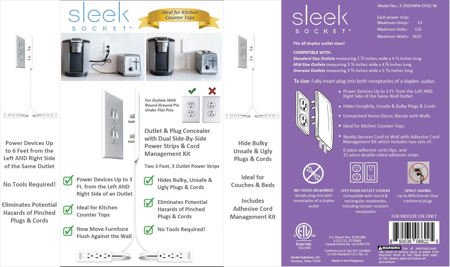 Sleek Socket Ultra-Thin Outlet Concealer & Cord Concealer Kits, Two 3 ...