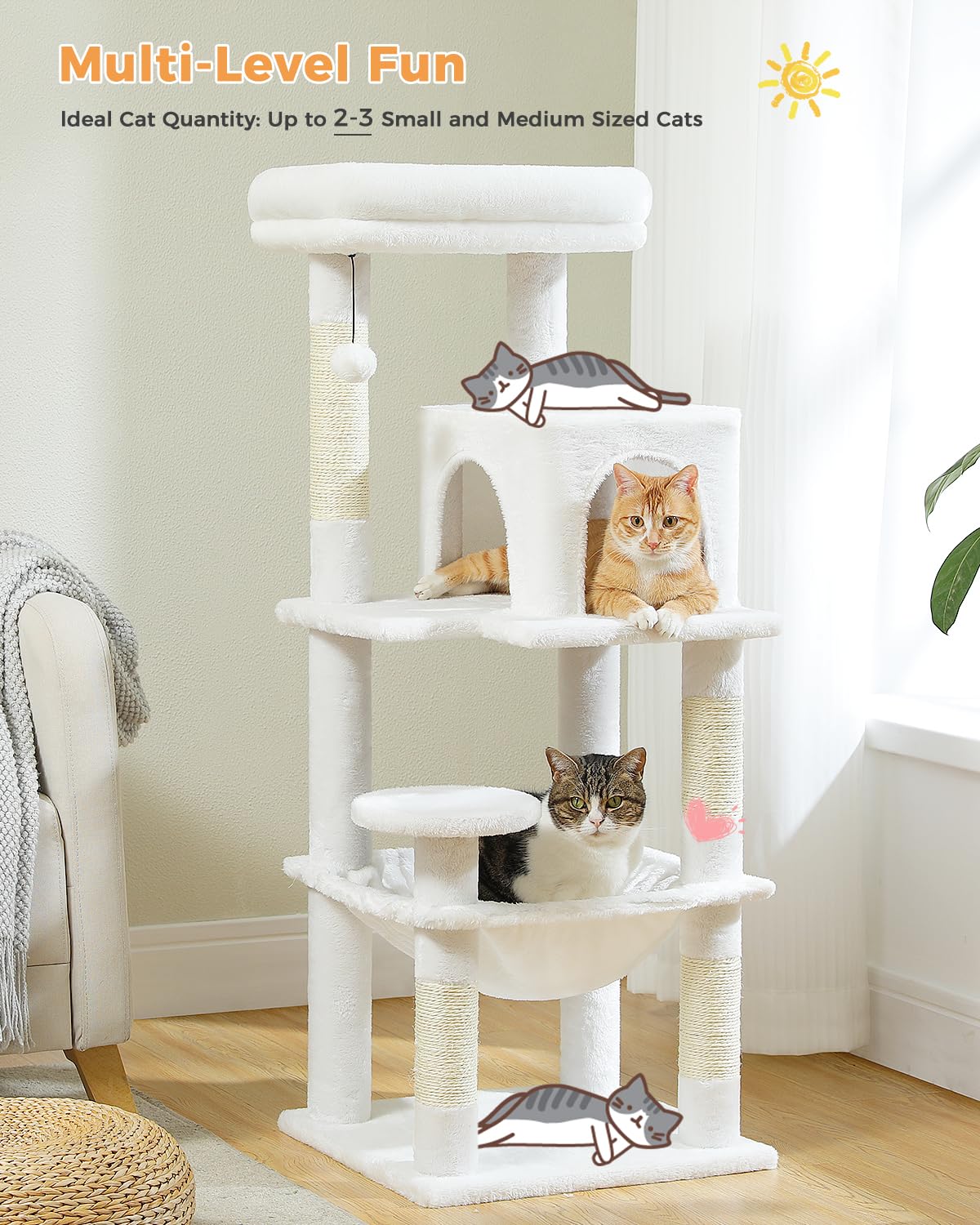 Snapklik.com : MUTTROS White Cat Tree For Indoor Cats, 45.7" Multi ...