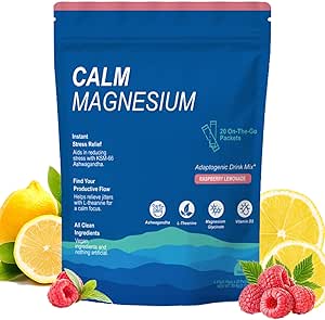Calm Magnesium Raspberry Lemonade Adaptogenic Drink Mix, 20 On-The-Go ...