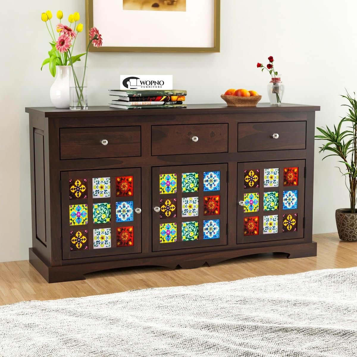 Wopno Furniture Solid Sheesham Wood Sideboard Cabinet with Drawer for ...
