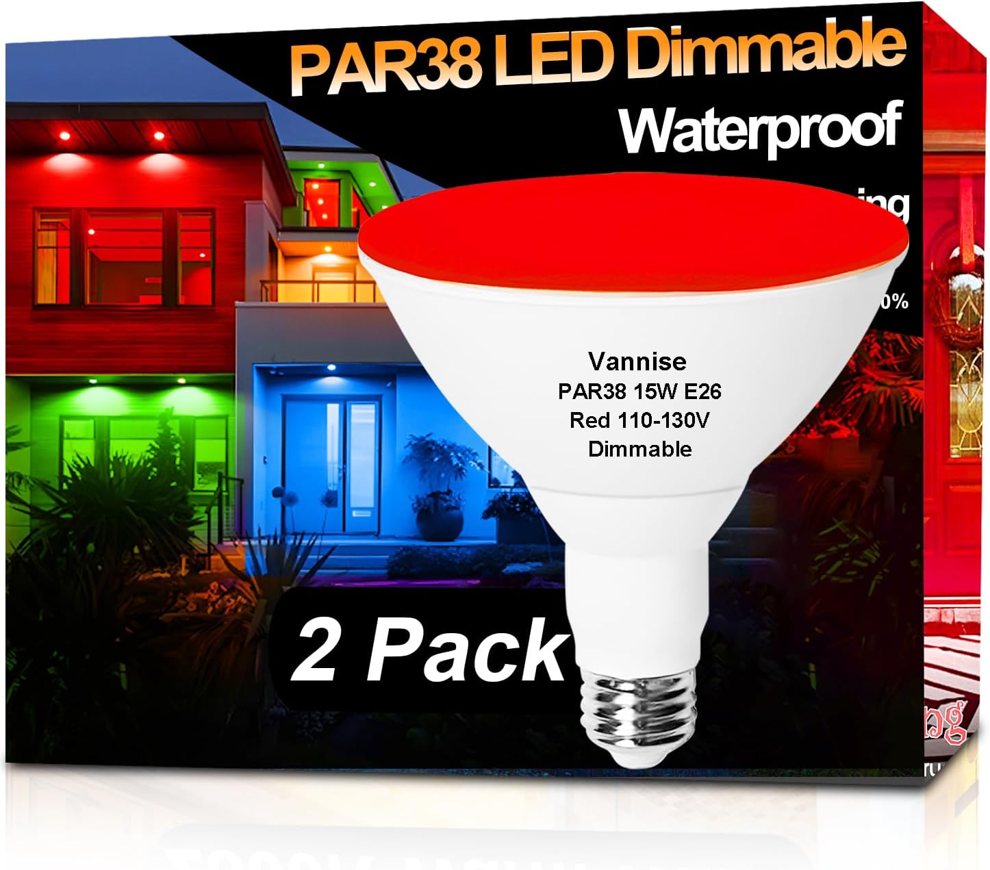 Vannise LED PAR38 Outdoor Flood Light Bulbs Red, 2 Pack 700LM LED PAR38 ...