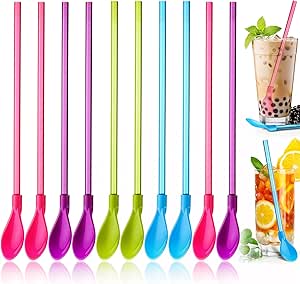 Amazon.com: Jeffdad 10Pcs Plastic Straw Spoons, 2 in 1 Colored Straw ...