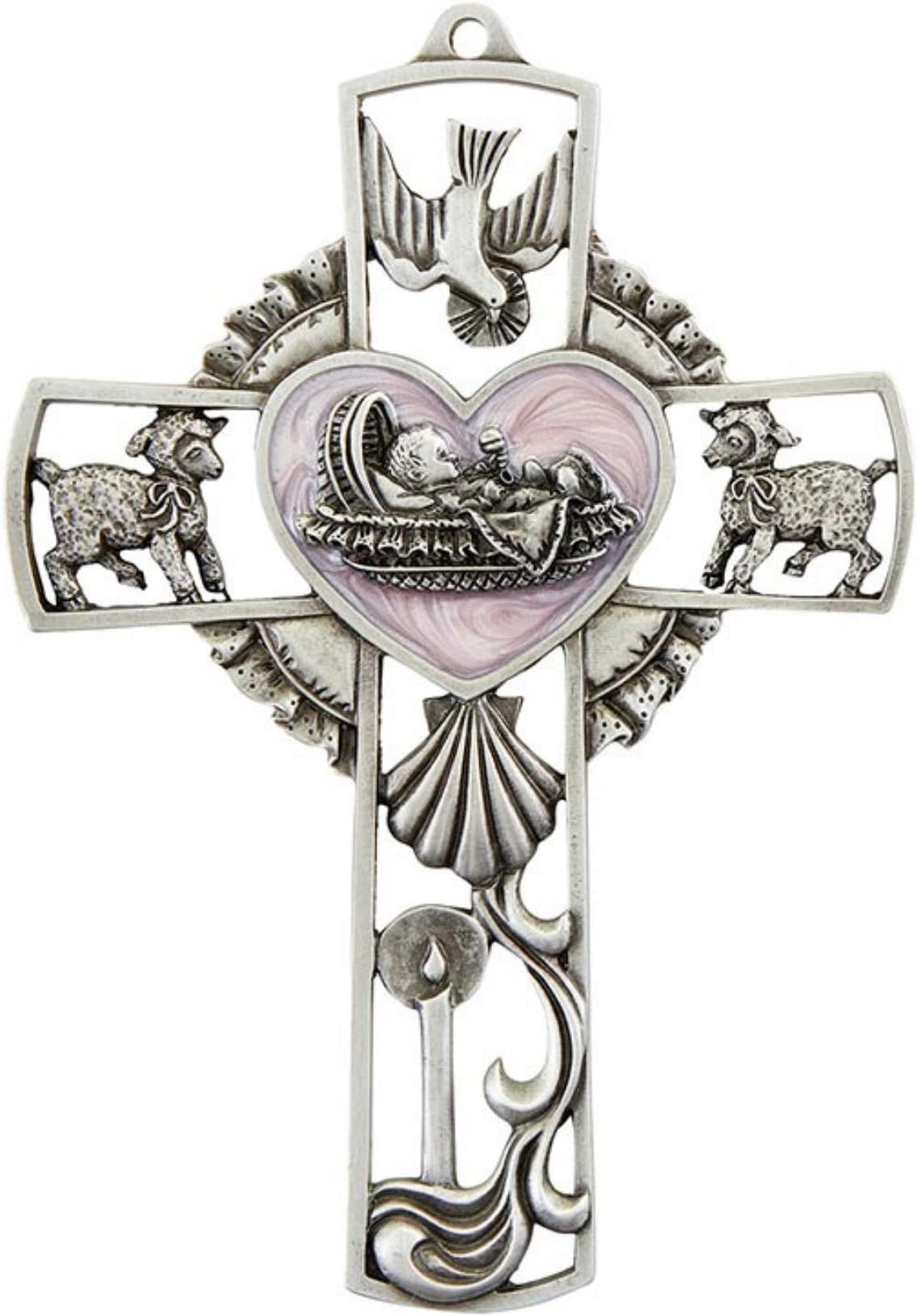 Amazon.com: Cross Pewter Baby Baptism Wall with Pink Epoxy Heart Center ...
