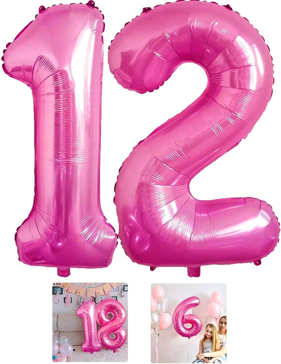 Amazon.com: 12 Number Balloon Pink 40 inch Big Foil Mylar 12th Balloons ...