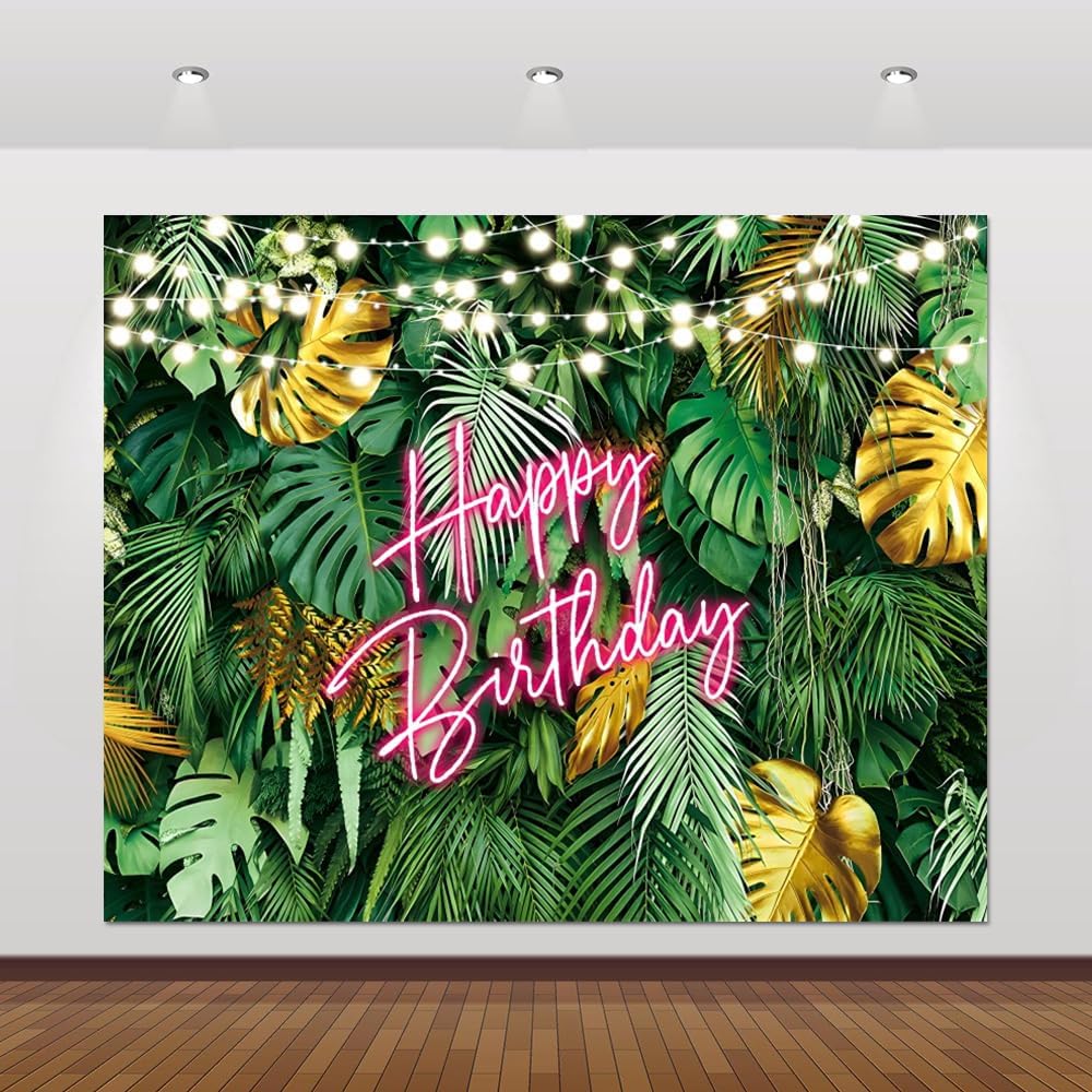 Amazon.com : Hawaiian Tropical Palm Leaves Happy Birthday Backdrop ...