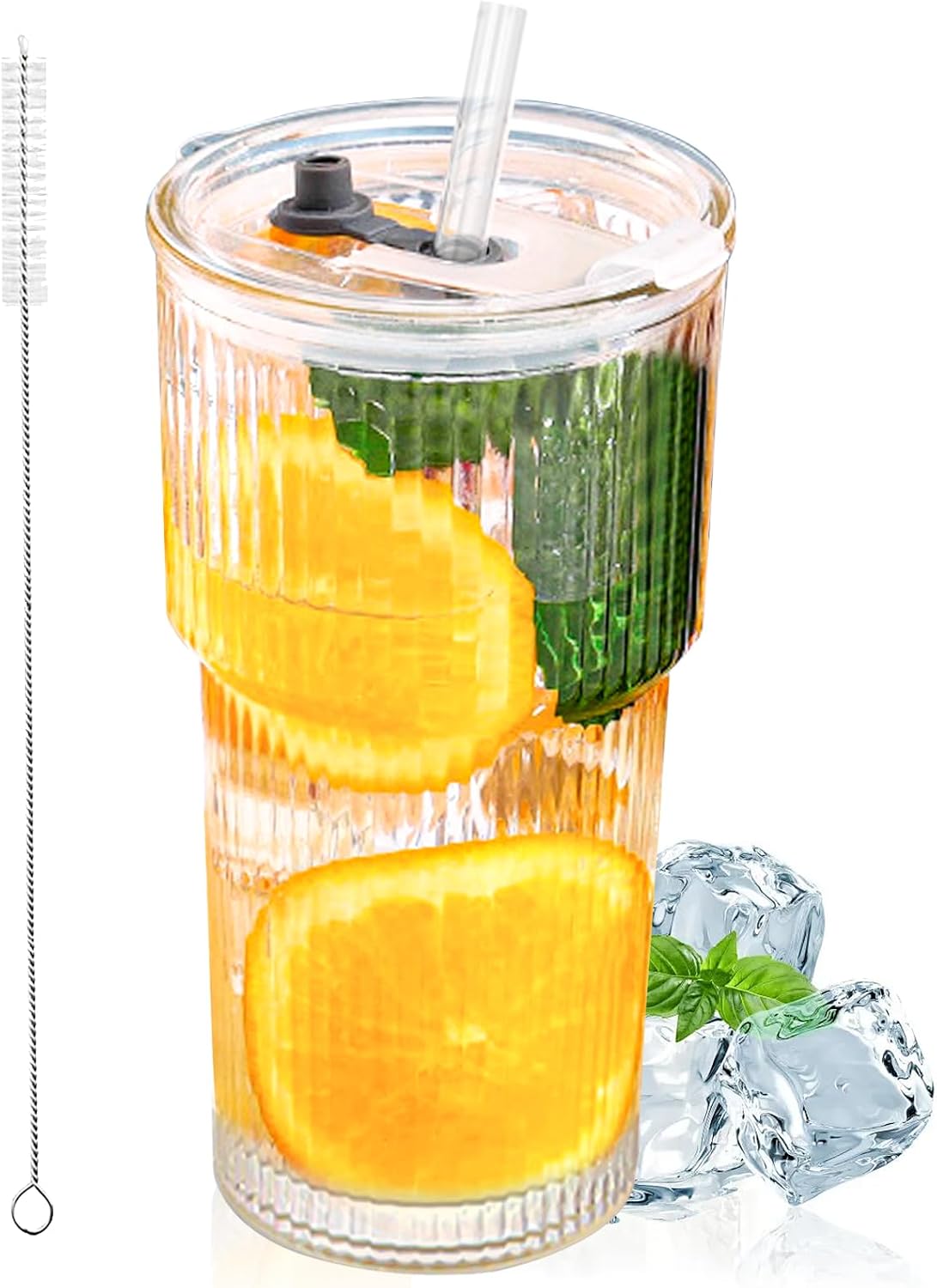 Amazon.com | MdakeGo 20oz Glass Tumblers with Lid and Straw, Ribbed ...