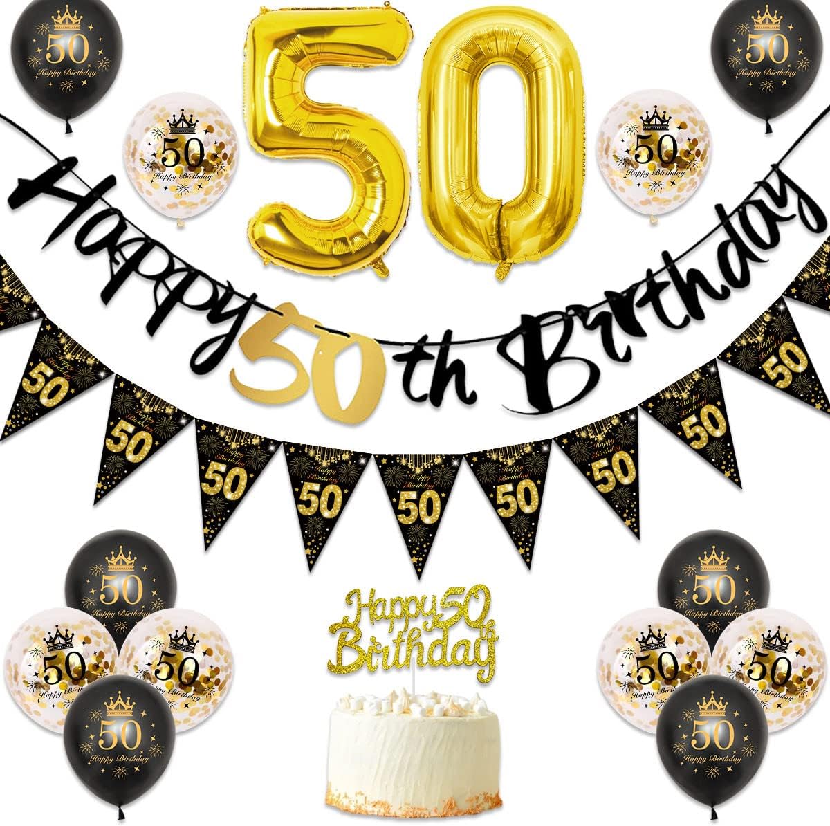 Decoración Cumpleaños 50 Años, Oro Negro Látex Globos 50 Cumpleaños ...