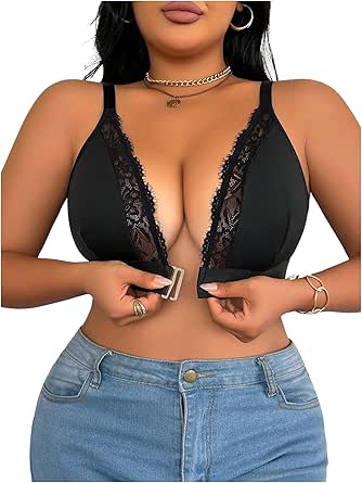 MakeMeChic Women's Plus Size Bra Floral Lace Front Closure Spaghetti Strap Bralette Underwear ...
