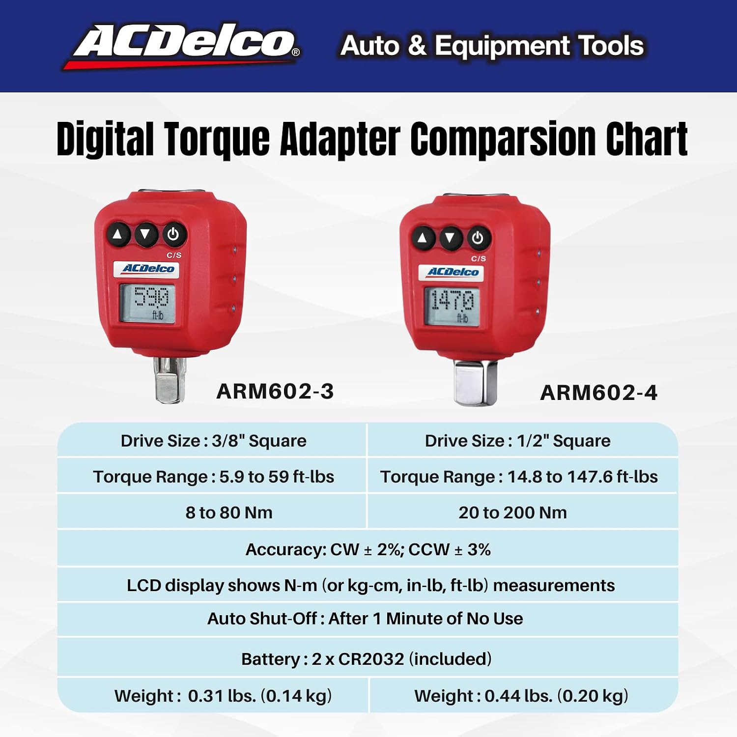 Buy ACDelco ARM602-34-VB 3/8” & 1/2” Heavy Duty Digital Torque Adapter ...