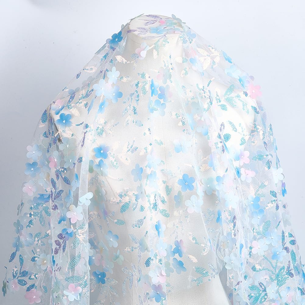 Amazon.com: CABODYALS 62.99 Inch Light Blue 3D Flower Sequin Tulle ...