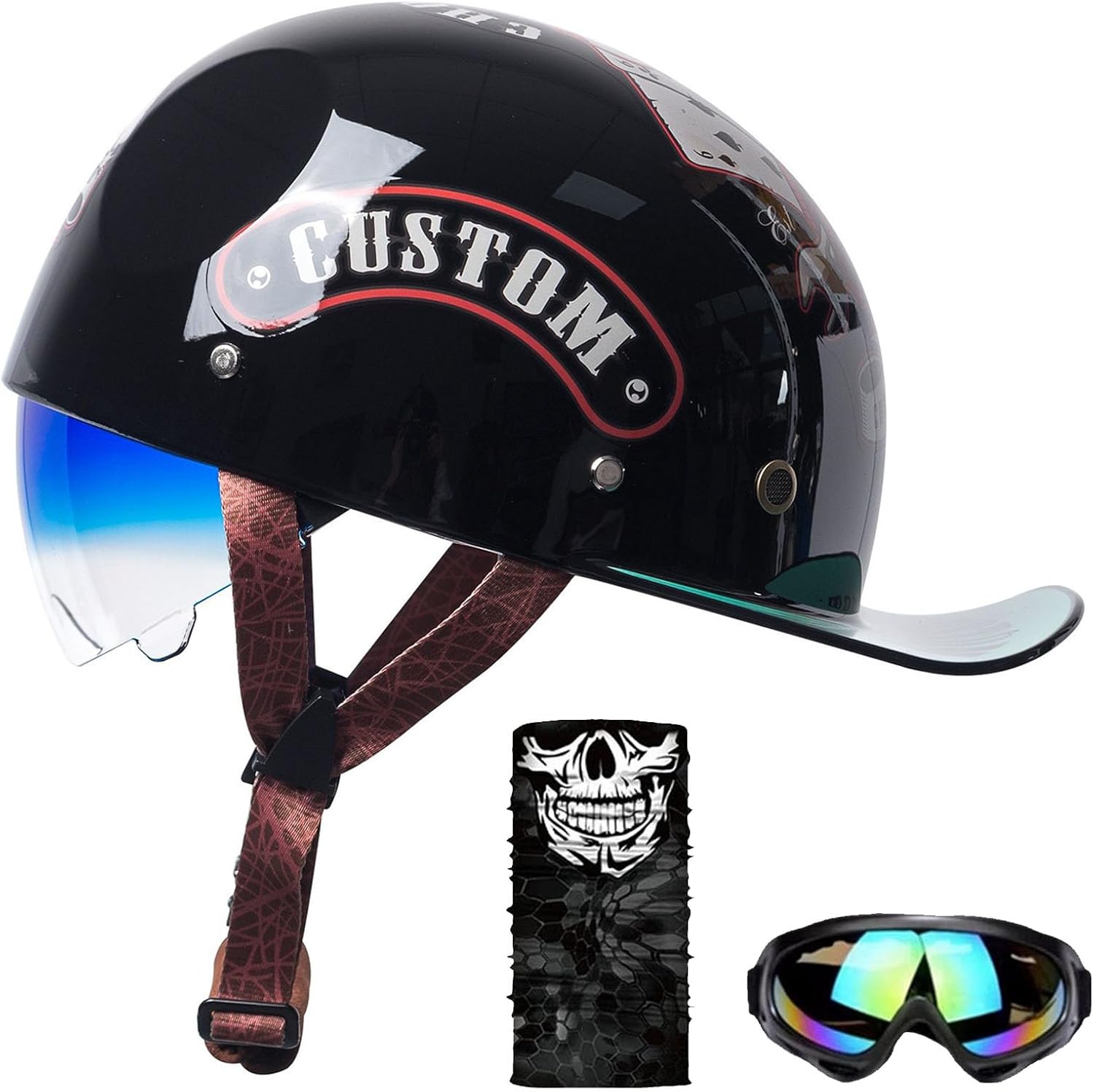 Amazon.com: Retro Half Motorbike Baseball Cap Helmet DOT Approved German Style Skull Cap Helmet ...