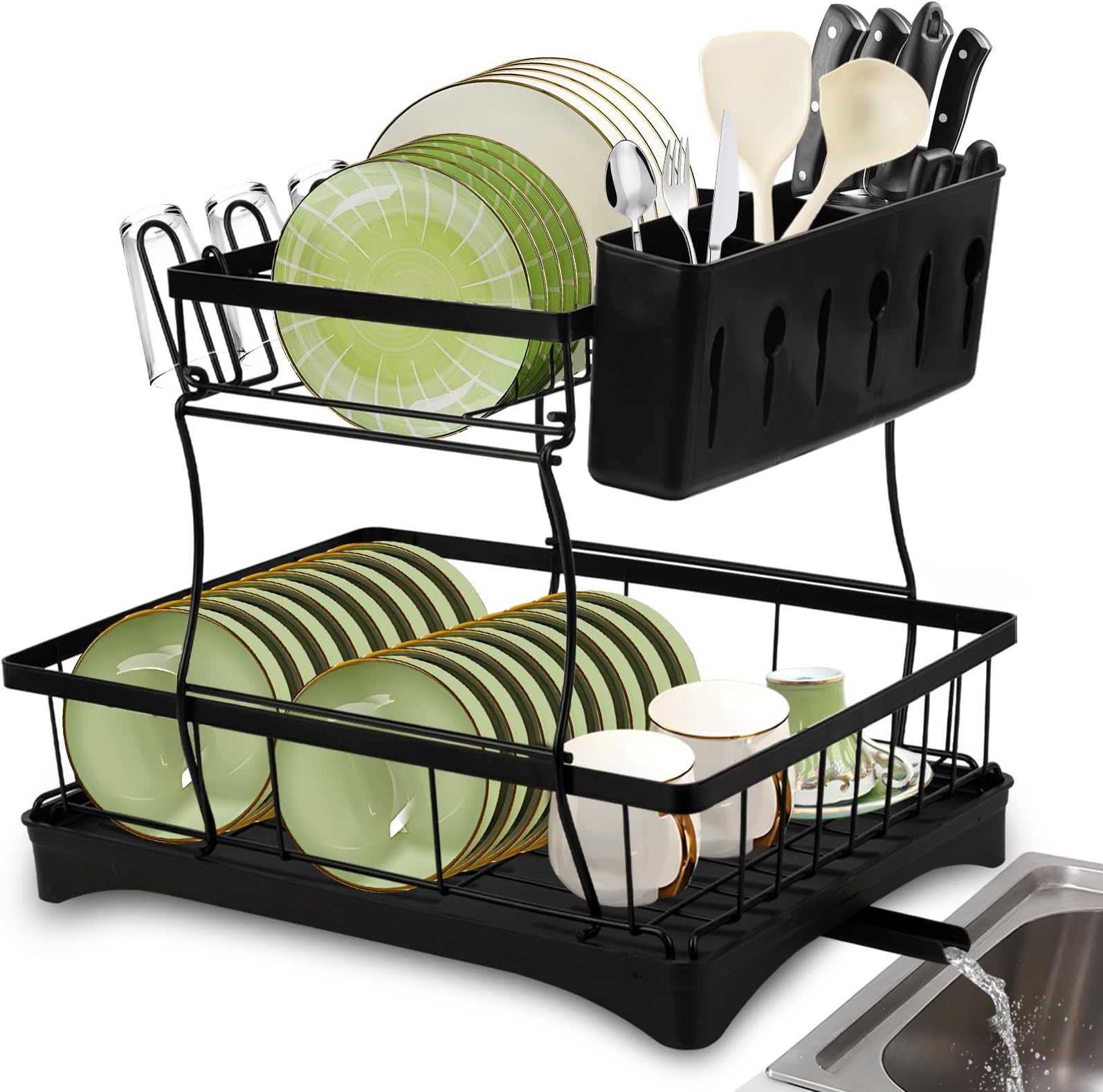 ECOSEAO 2 Tier Dish Drainer Rack,Dish Rack with Swivel Drip Tray Spout ...