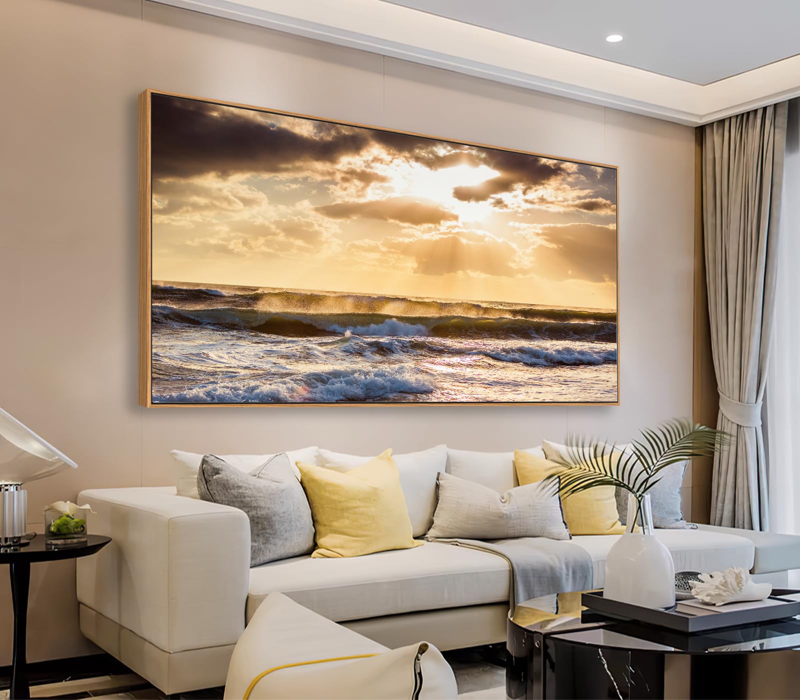 Amazon.com: Framed Sunset Ocean Wall Art - Ocean Waves Canvas Wall ...