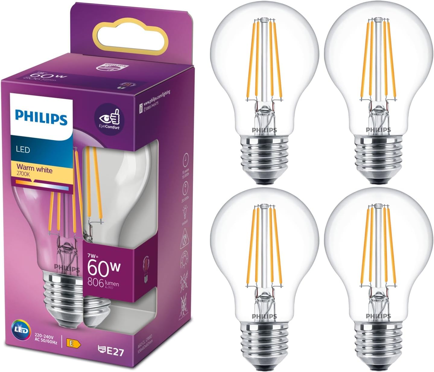 PHILIPS GLS Clear Filament LED Light Bulbs, E27, 7W, 806 Lumens, Warm ...
