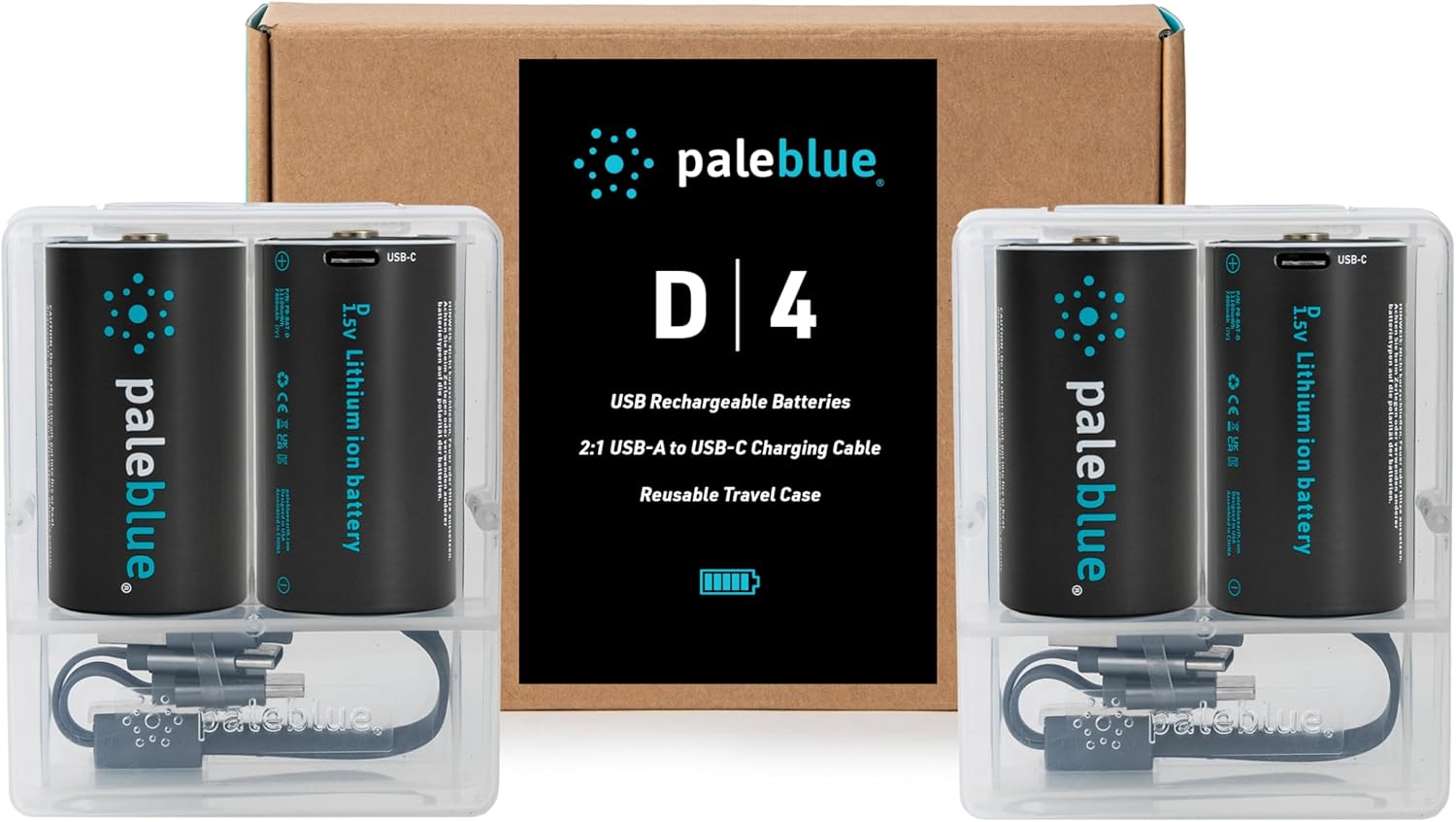 Pilas D recargables con cargador USB de Pale Blue, iones de litio 1.5 V ...