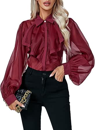 Rooscier Women's Sheer Mesh Collar V Neck Button Down Sexy Blouse Tops ...