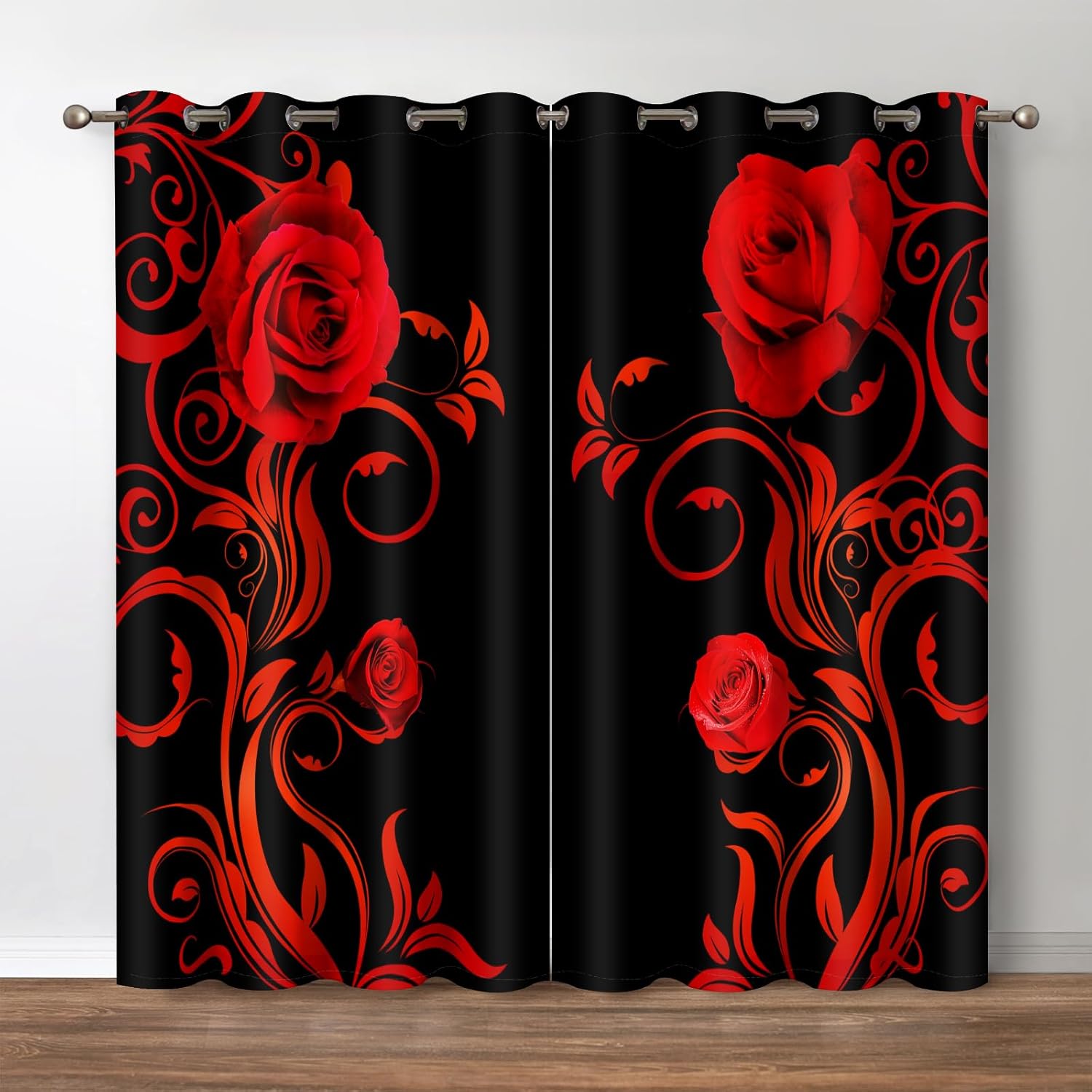 Amazon.com: Jekeno Rose Floral Blackout Curtains Black Red Roses ...