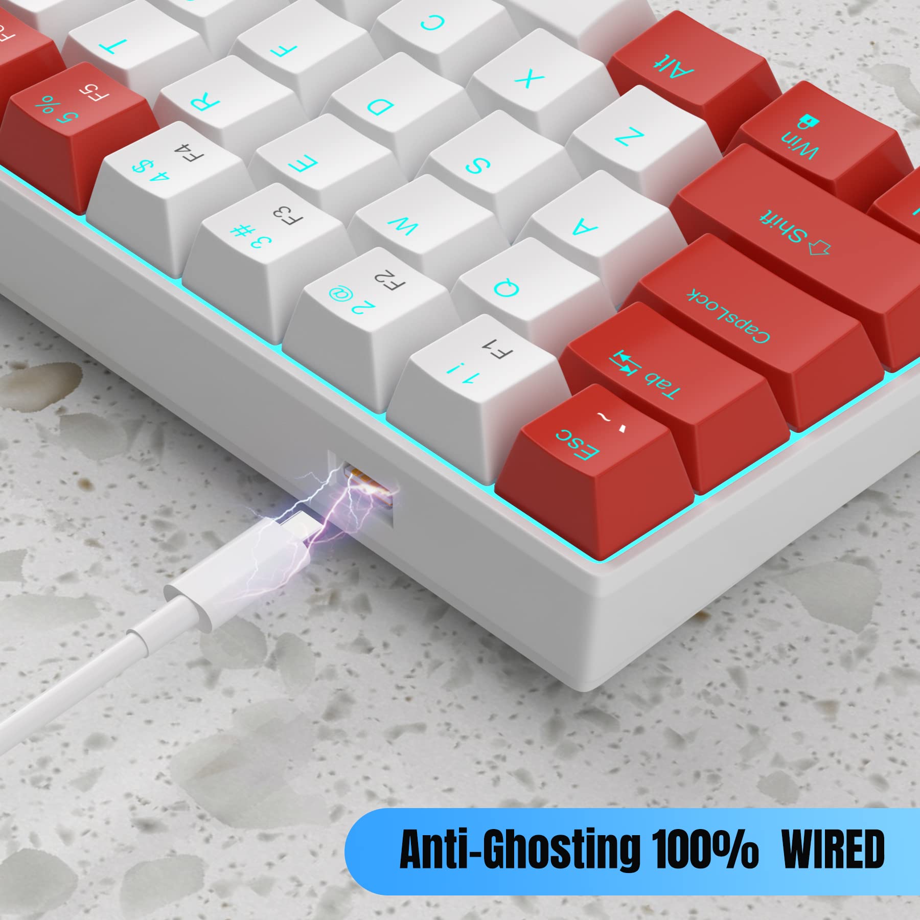 61 Key Compact Keyboard 60 Percent Keyboard,Small Gaming Keyboard USB-C ...