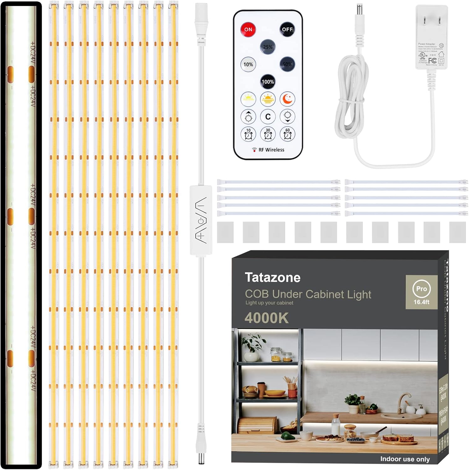 Tatazone 10pcs COB Under Cabinet Light Strip with Remote, 16.4ft 4000K ...