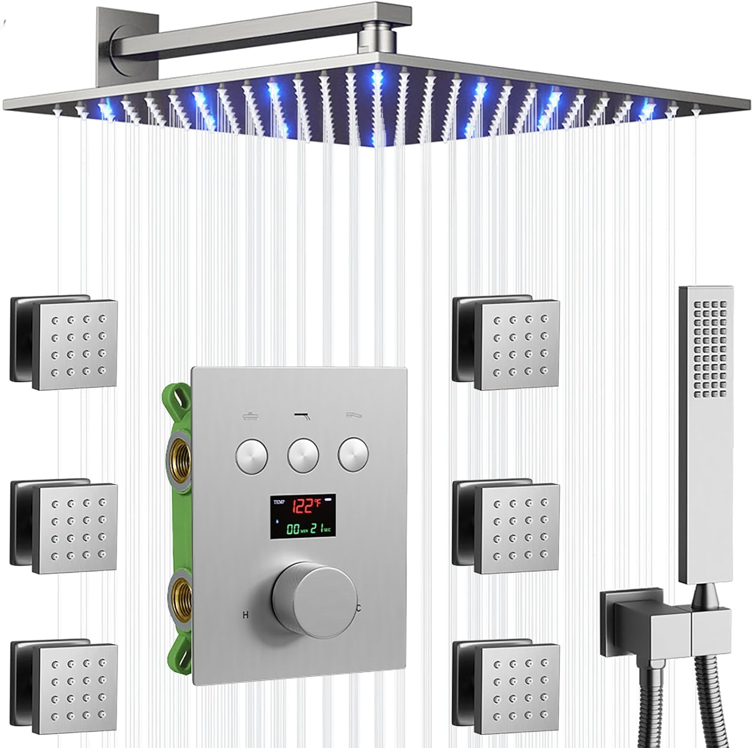 KATAIS Thermostatic Shower System LED 12 inch Brushed Nickel Shower ...