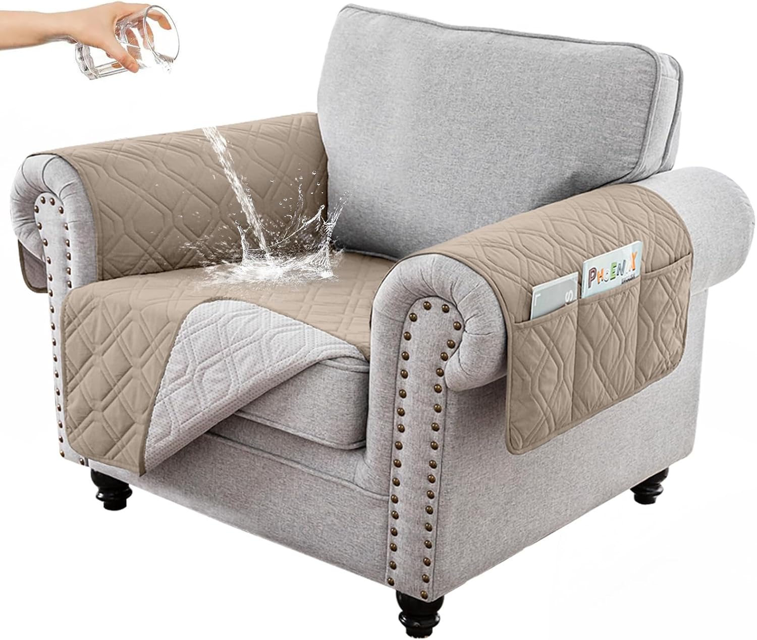RAPRAP 100% Waterproof Armchair Cover with Side Pockets, Washable Anti ...