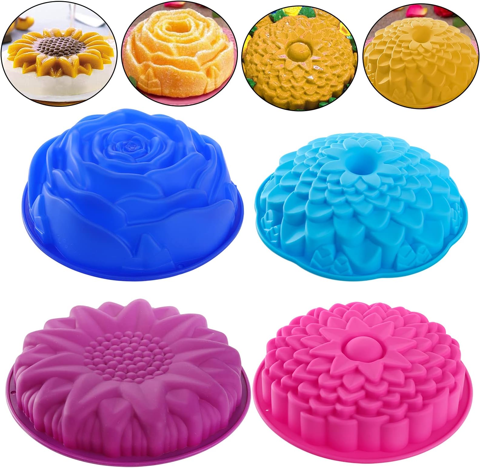 Amazon.com: DEAYOU 4 Pack Flower Shape Silicone Cake Molds, Non-Stick ...