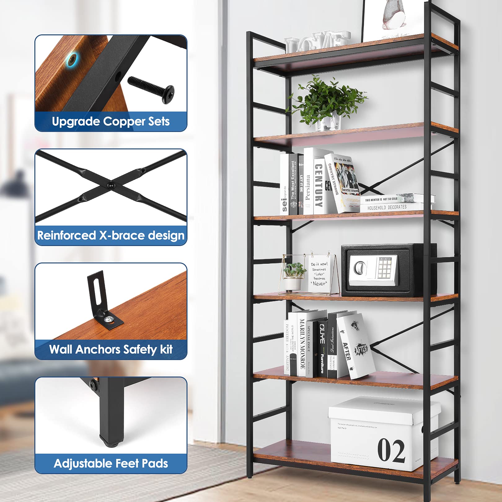 Devo 6 Tier Bookshelf Adjustable Bookcase Industrial Storage Shelves ...