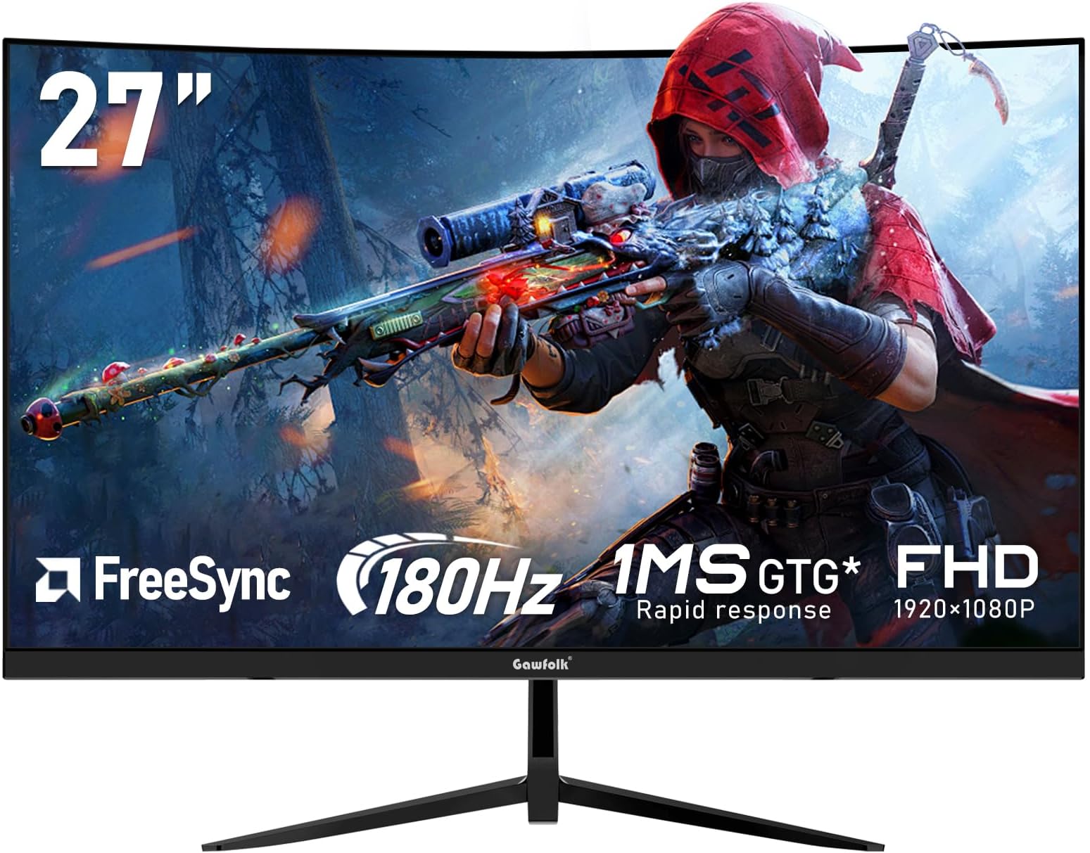Gawfolk 27 Inch Curved(3000R) PC Gaming Monitors 180hz, FHD 1080p 1ms ...