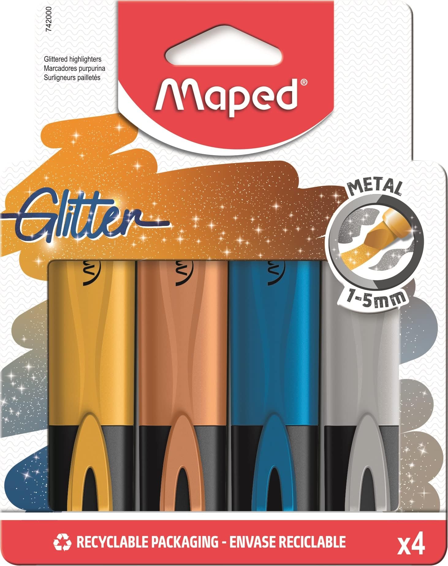 Maped Metallic Glitter Highlighter Set - Pack of 4 |Highligher Marker ...