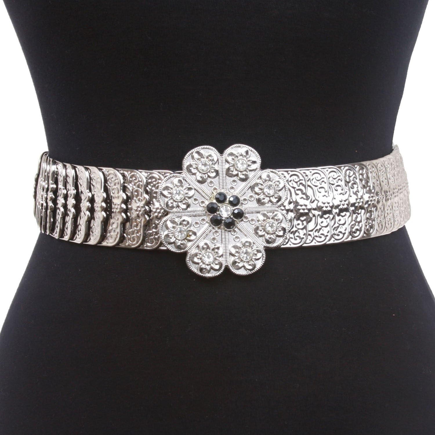 Round Rhinestone 1 3/4" Elastic Sequent Metal Stretch Belt Size: One ...