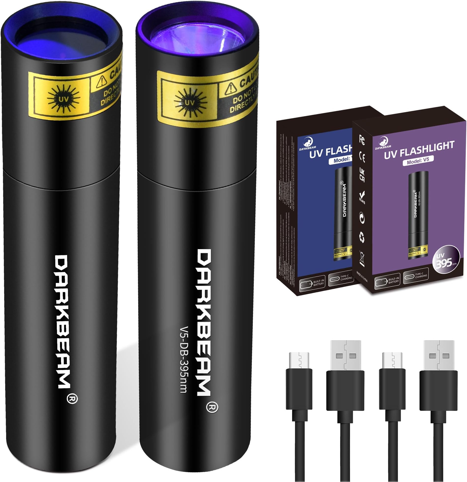 DARKBEAM UV Flashlight 365nm & 395nm Blacklight Rechargeable USB, Wood’s Lamp Ultraviolet Black ...
