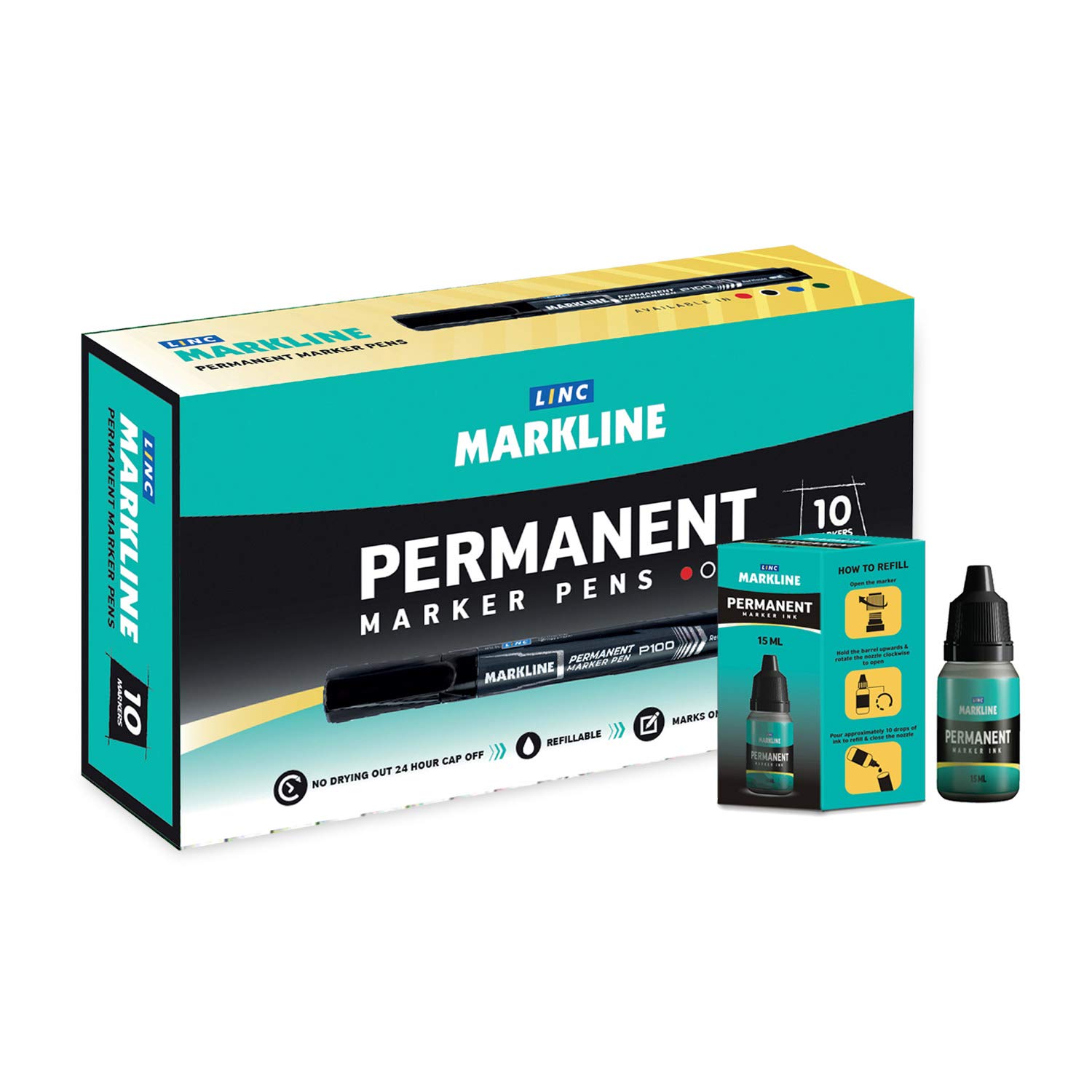 Linc Markline Permanent Marker Pens with Cartridge | Black | Pack Of 10 ...