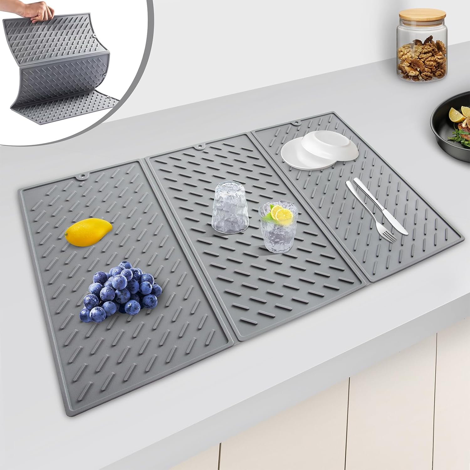 Amazon.com: Silicone Dish Drying Mat,Collapsible Tri Fold Drainer Mat ...