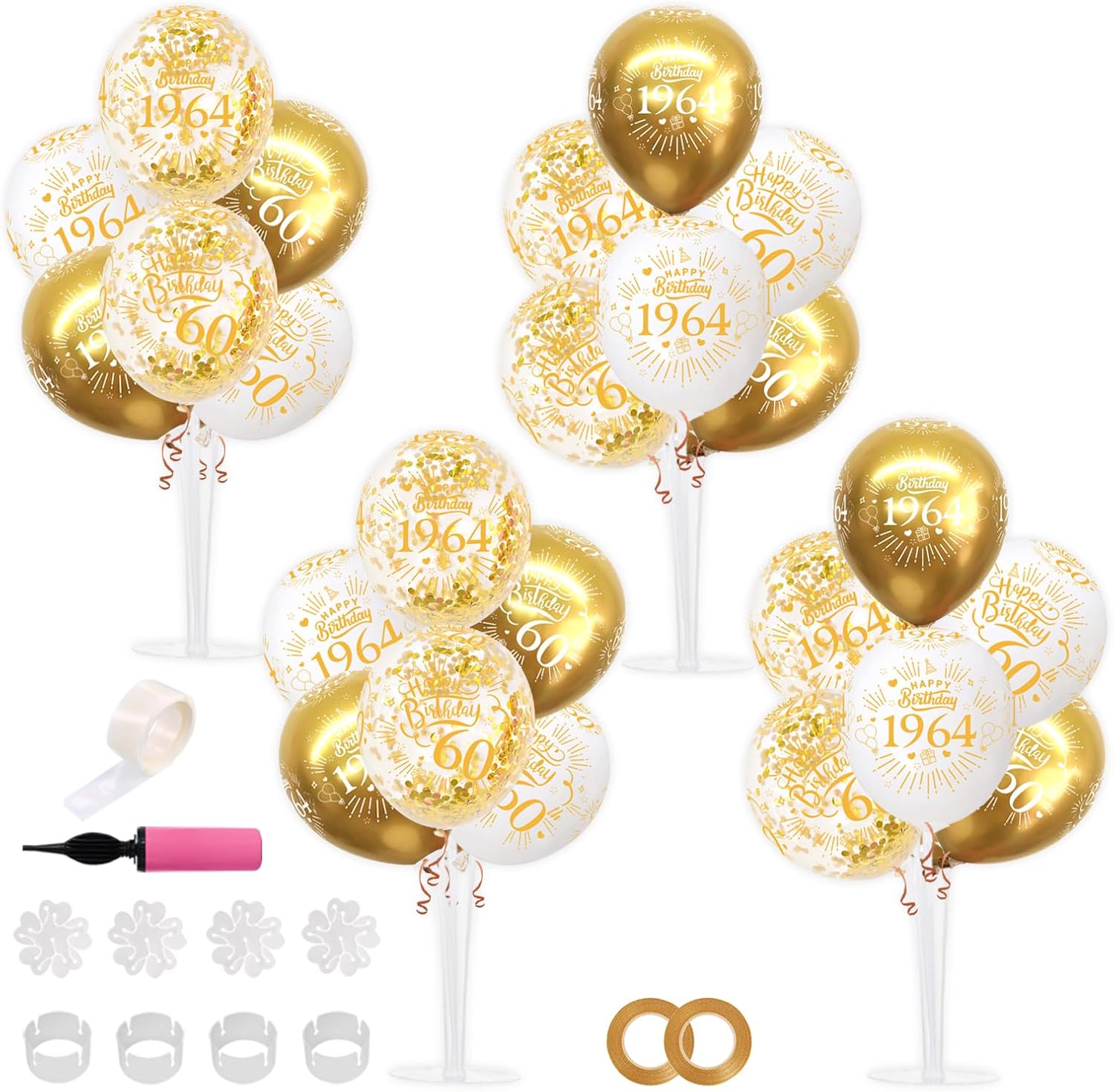 TONIFUL 4 Set 60th Birthday Decorations Balloon Bouquet includes White ...