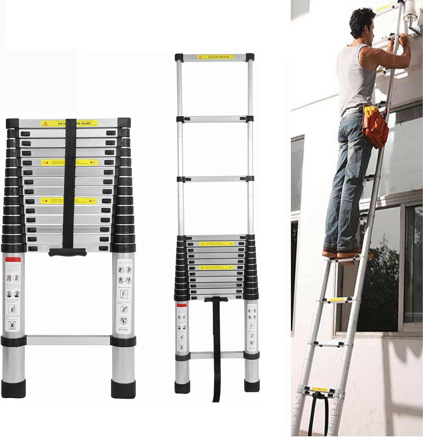 Telescopic 16.5ft Aluminum Extension Ladder 5m Foldable Multi-Use ...