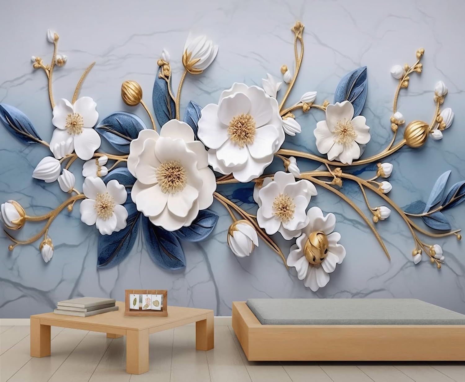 FACADUP Luxury 3D Floral Murals, Modern Marble Relief Floral Wall ...