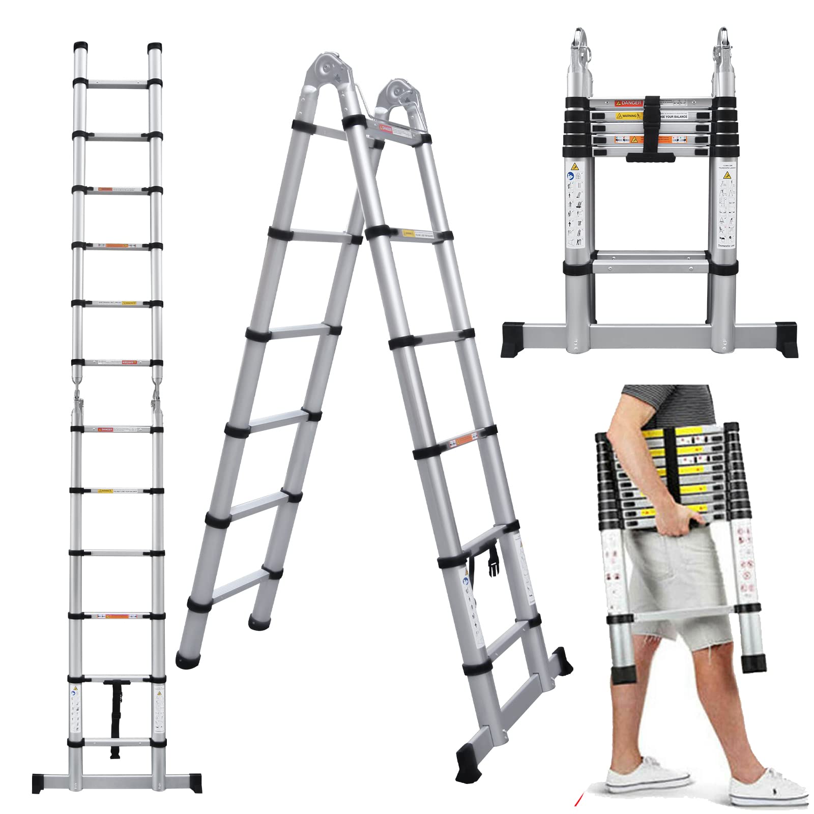 Telescoping Ladder 12.5 Feet Telescopic A-Frame Aluminium Folding Step ...