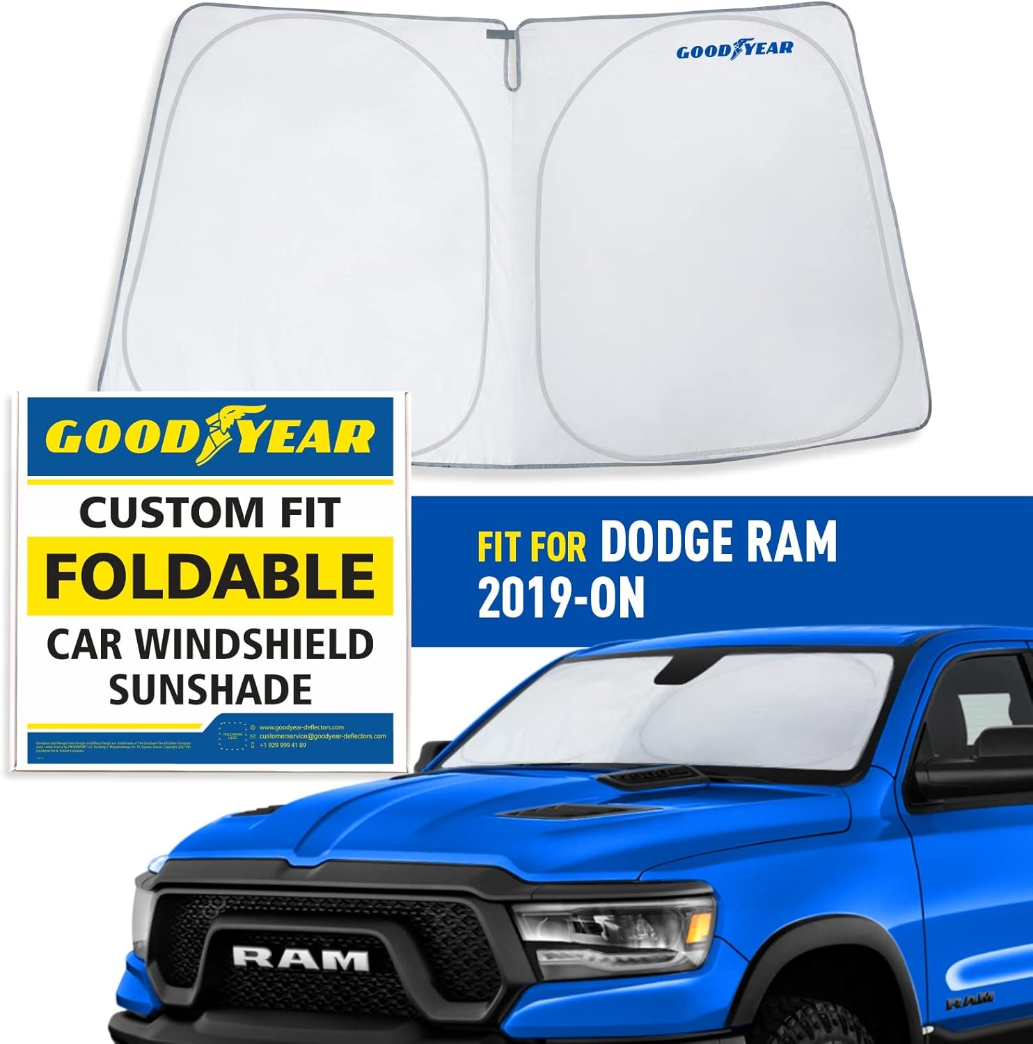 Goodyear Foldable Windshield Sun Shade for Dodge Ram 2019-2024, Custom ...