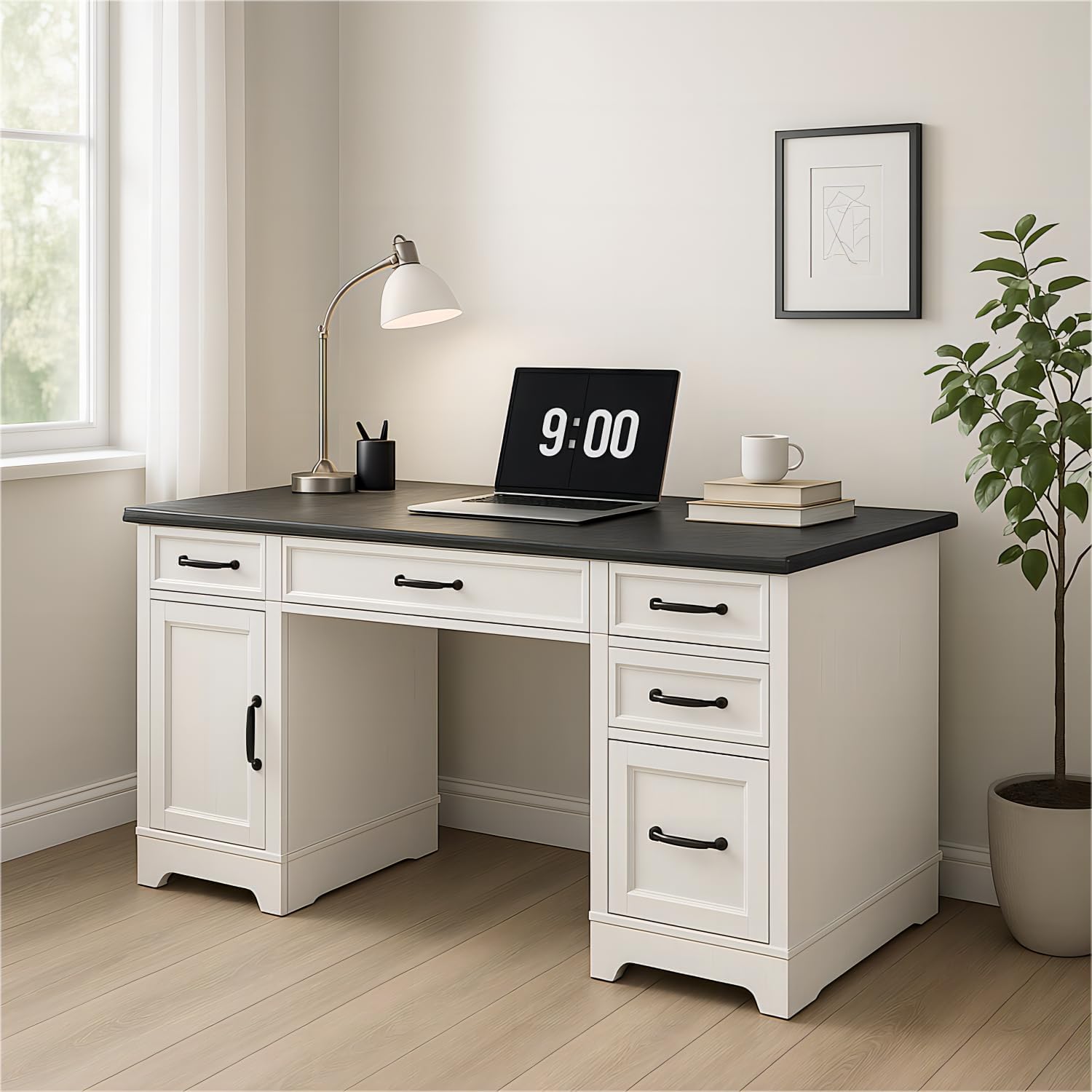 Amazon.com: Kadigo 58" Farmhouse Executive Desk with Drawers, Rustic ...