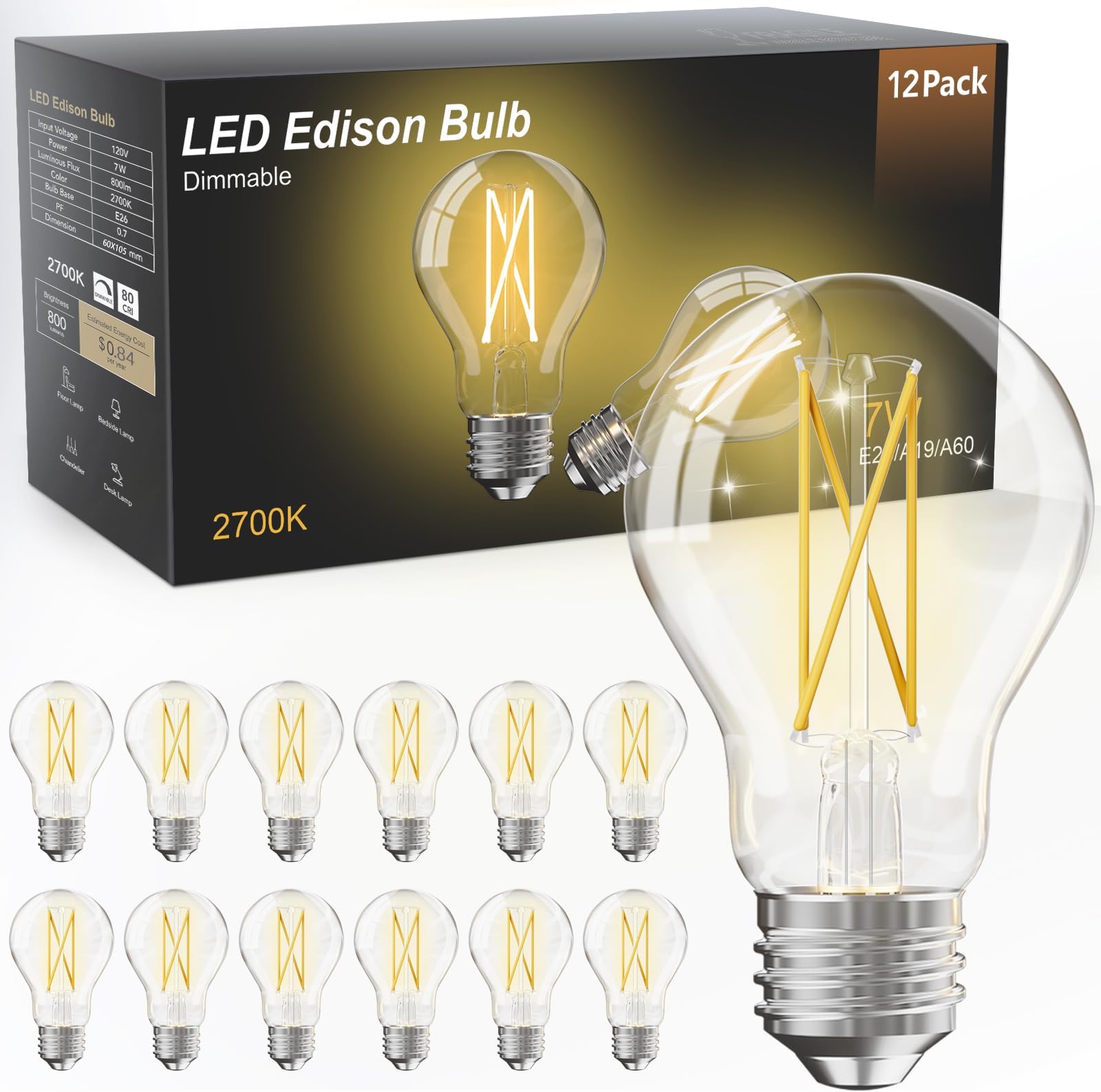 Ascher 60 Watt Equivalent, E26 LED Filament Light Bulbs, Warm White ...