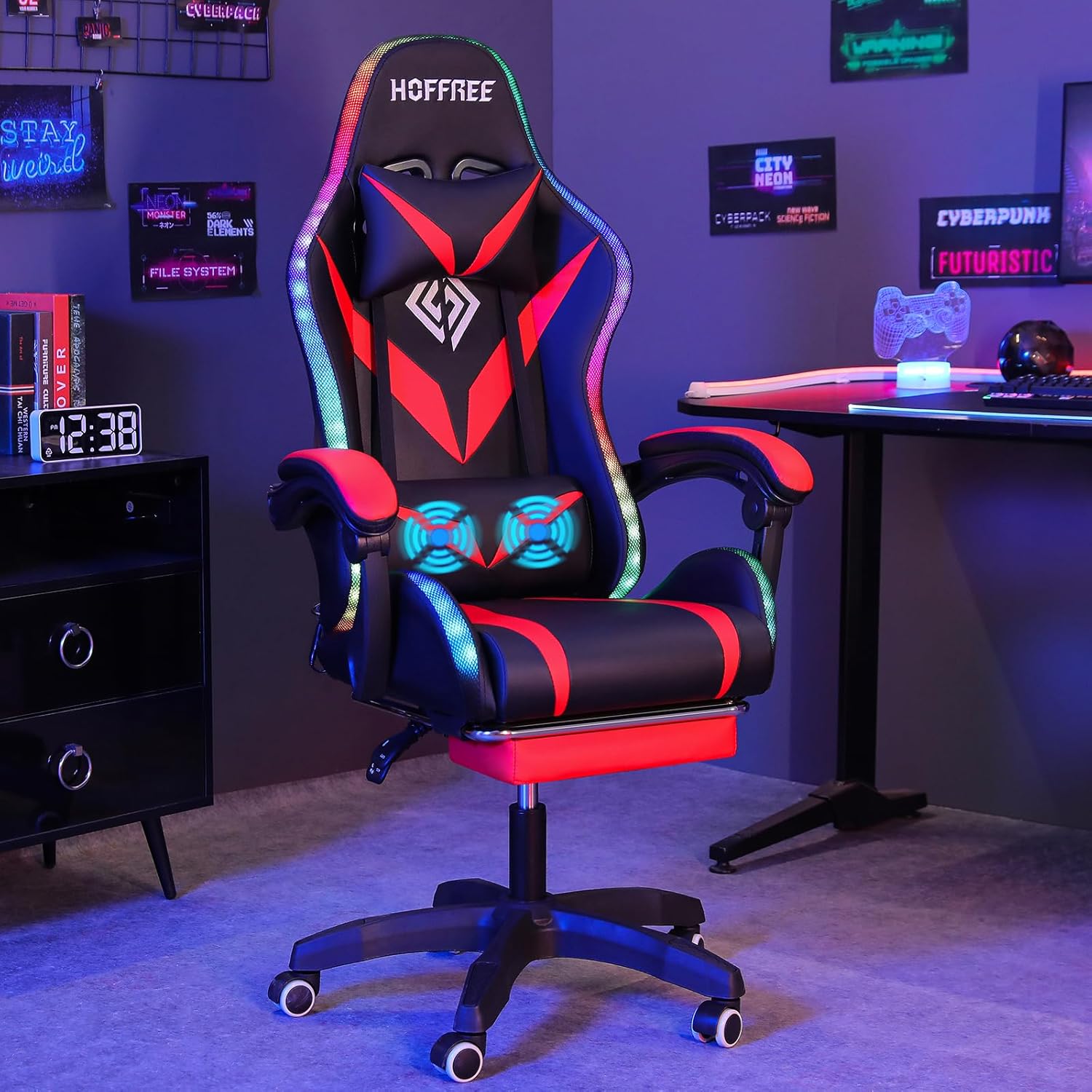 Amazon.com: HOFFREE Gaming Chair with Massage and LED Lights Ergonomic ...