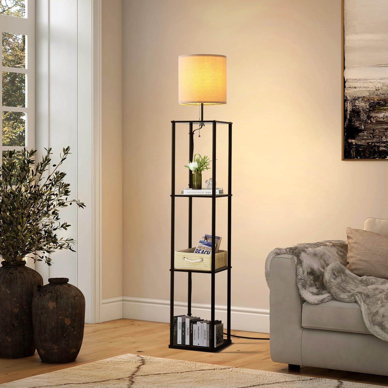Moooni Modern Floor Lamp with Shelves Black Shelf Floor Lamp with White ...