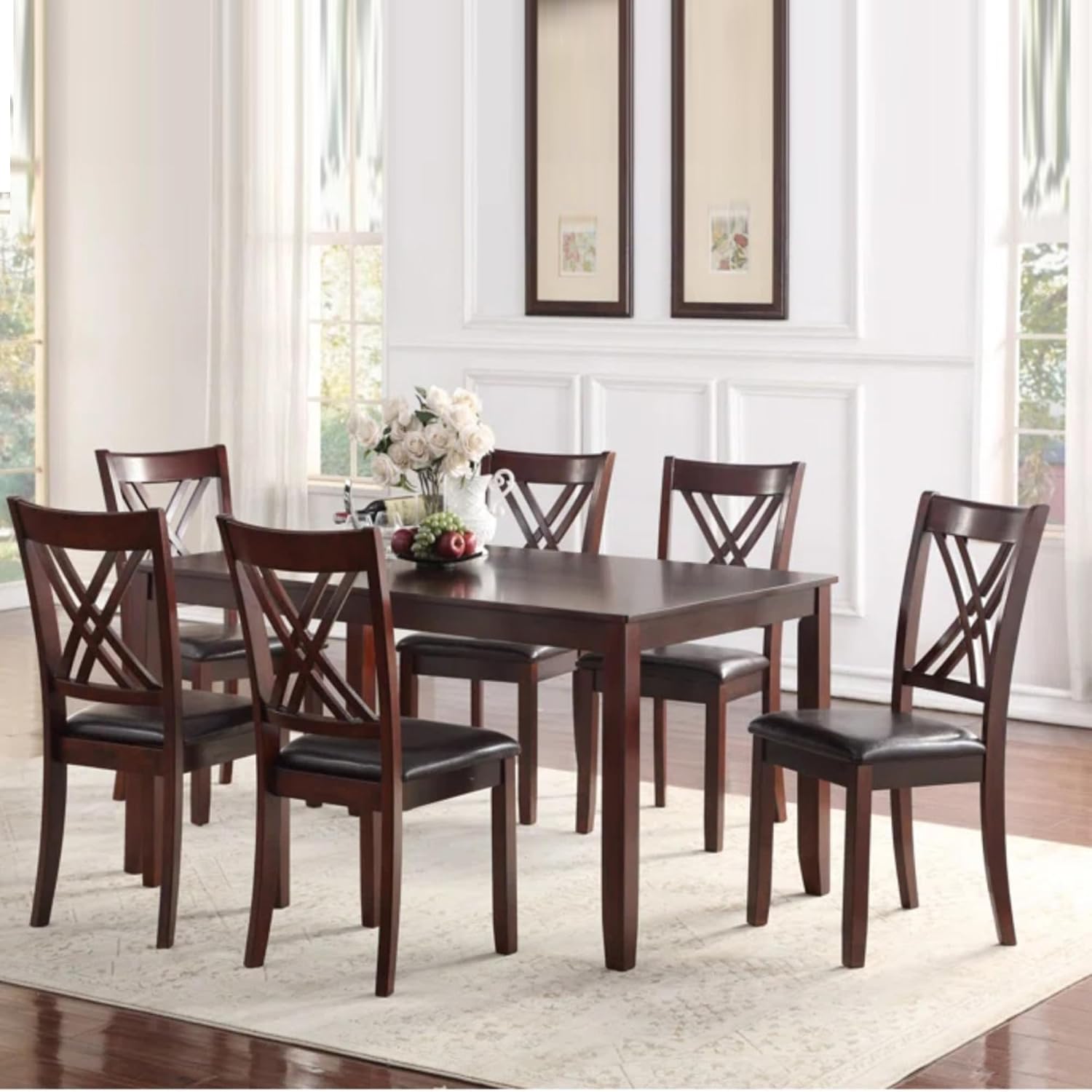 Generic 7-Piece Espresso Dining Set with X-Design Chairs