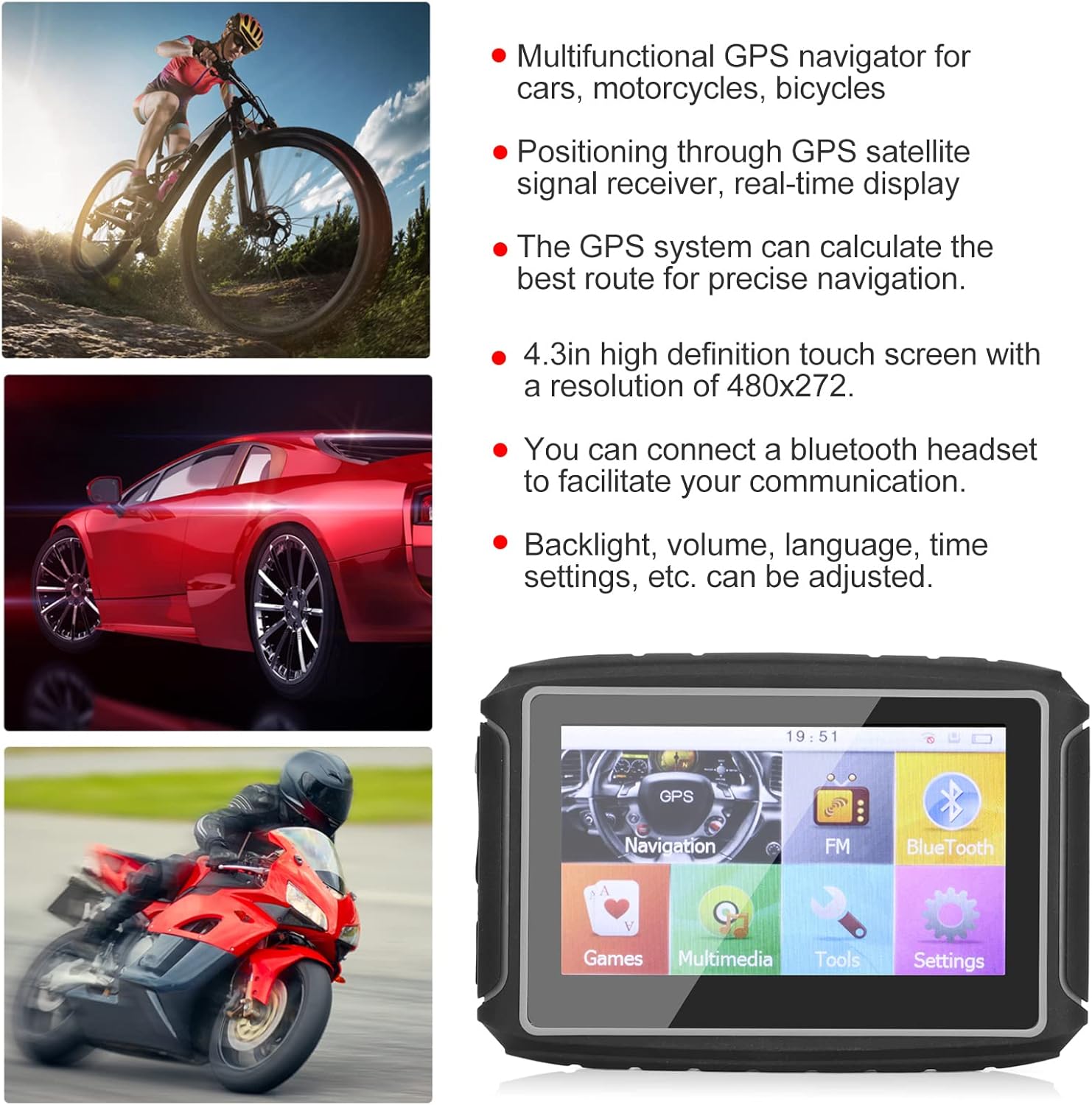 Buy Jopwkuin Motorcycle Navigator, Precise Positioning 4.3in Touch ...