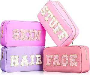 4 Pcs Preppy Makeup Bag Chenille Letter Nylon Cosmetic Makeup Organizer ...