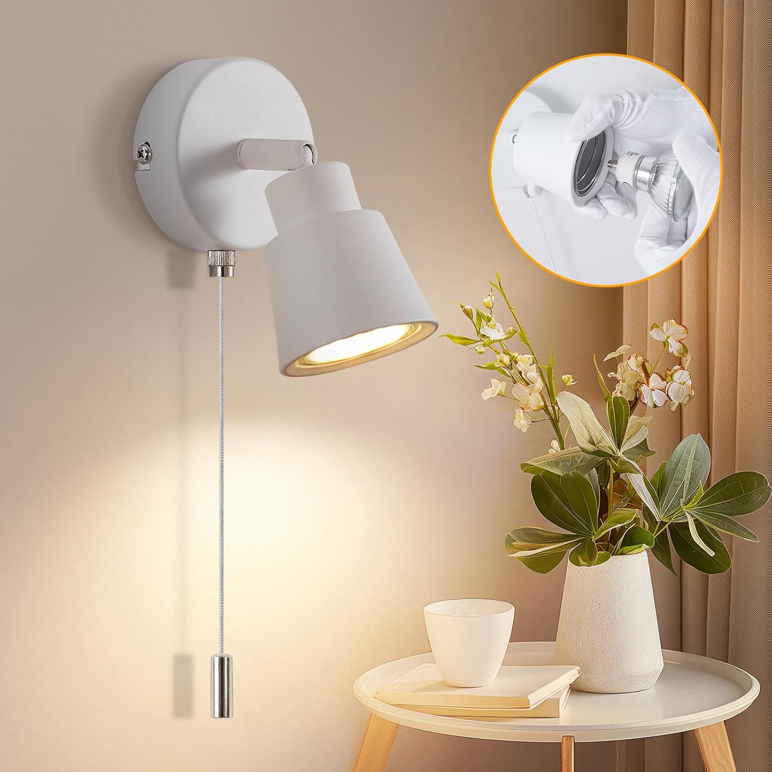 TaFiCo White Wall Lights with Pull Cord Switch GU10 - Modern Pull Cord ...