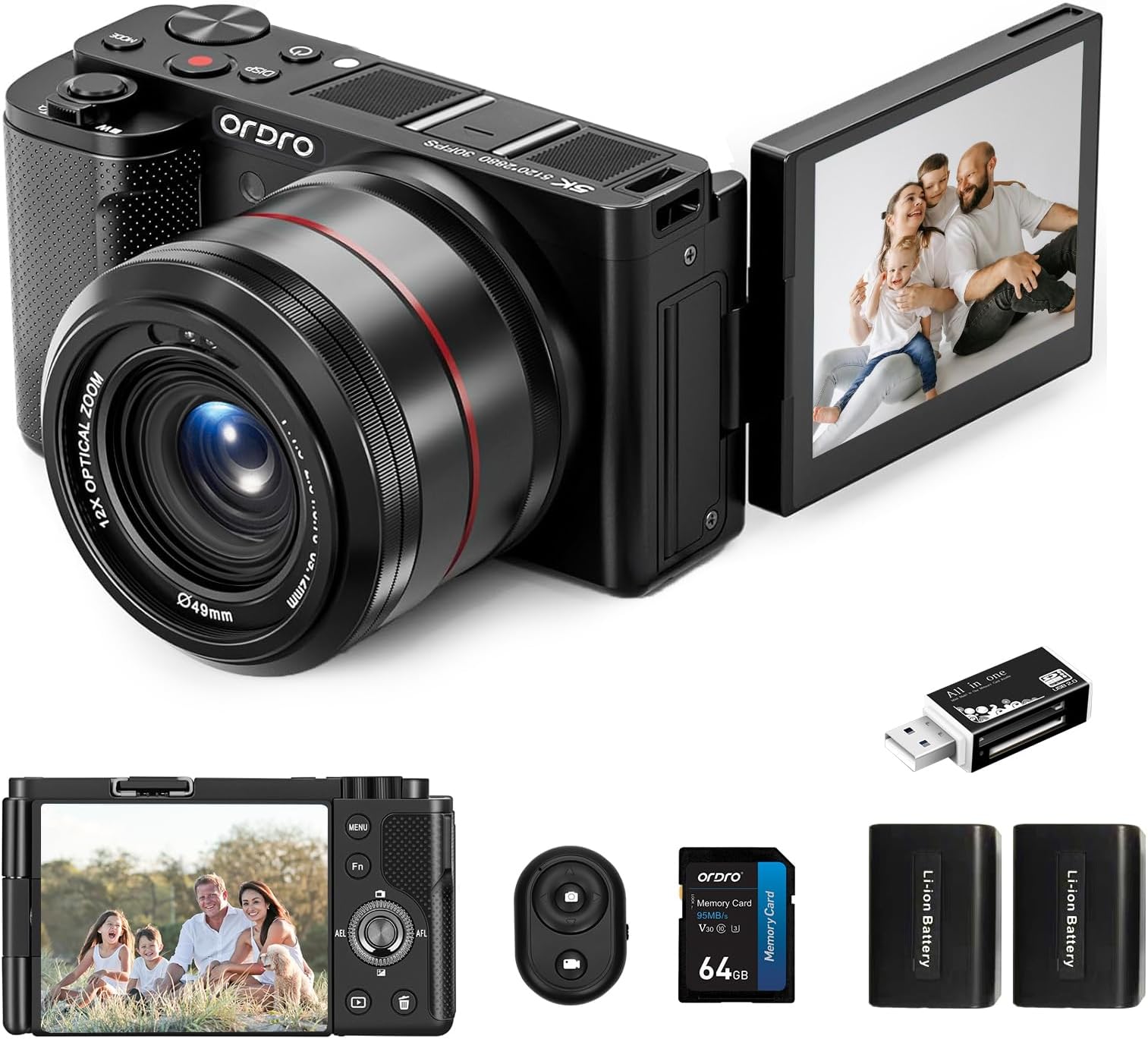 Amazon.com : Ordro 5K Digital Camera for Photography, 5K 64MP 12X Optical Zoom YouTube Vlogging ...