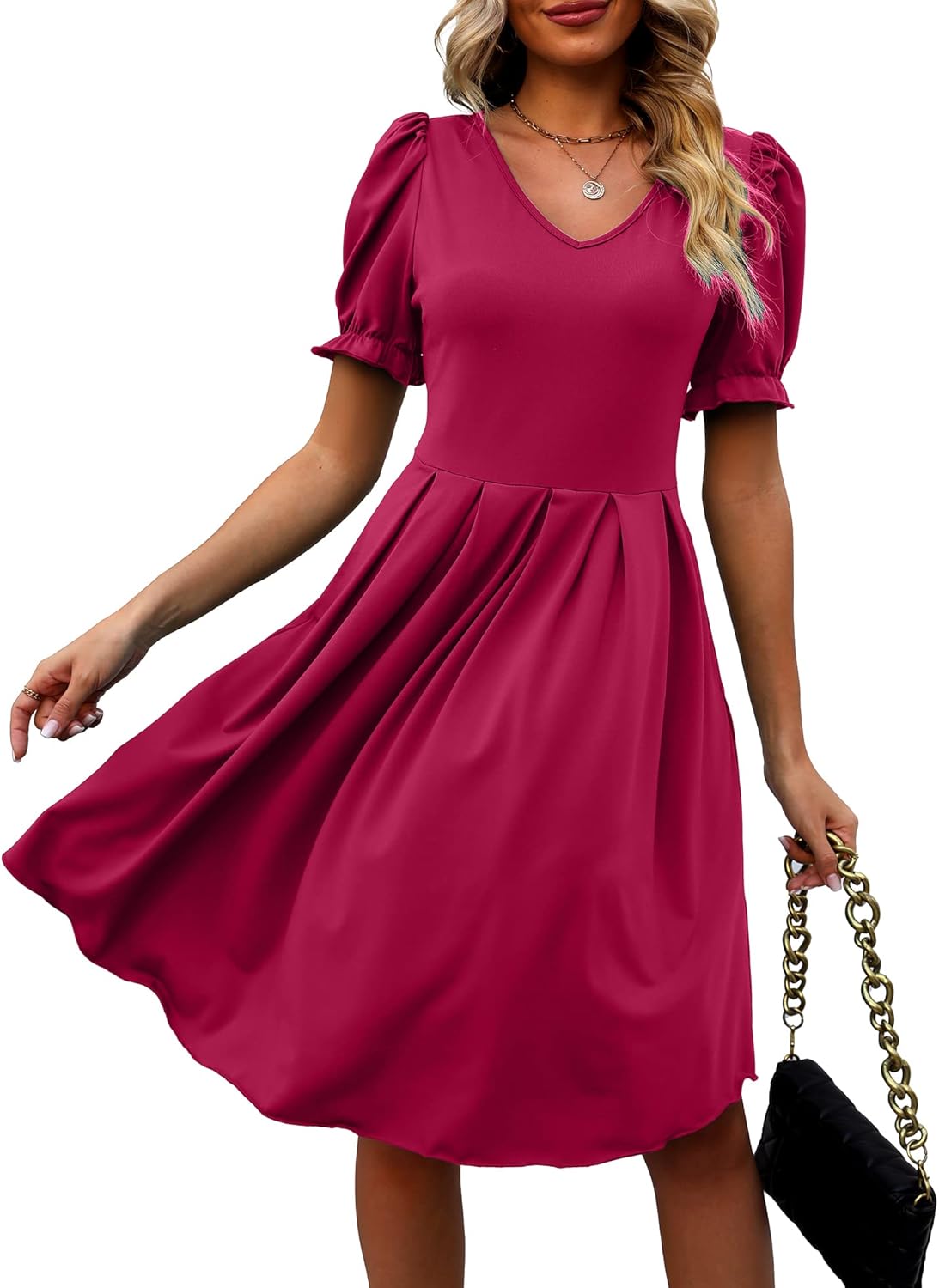 Jollycode Babydoll Dress for Women Short Puff Sleeve V Neck Casual Petite Dresses with Pockets ...