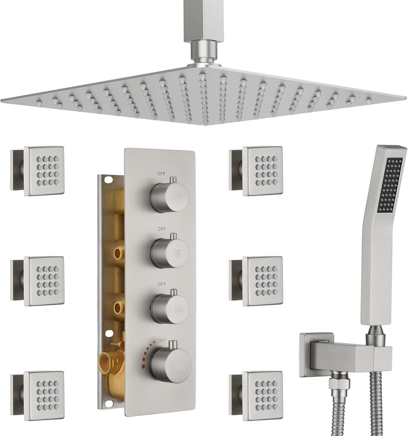 JetsBath Brushed Nickel Thermostatic Shower System with Full Body Jets ...